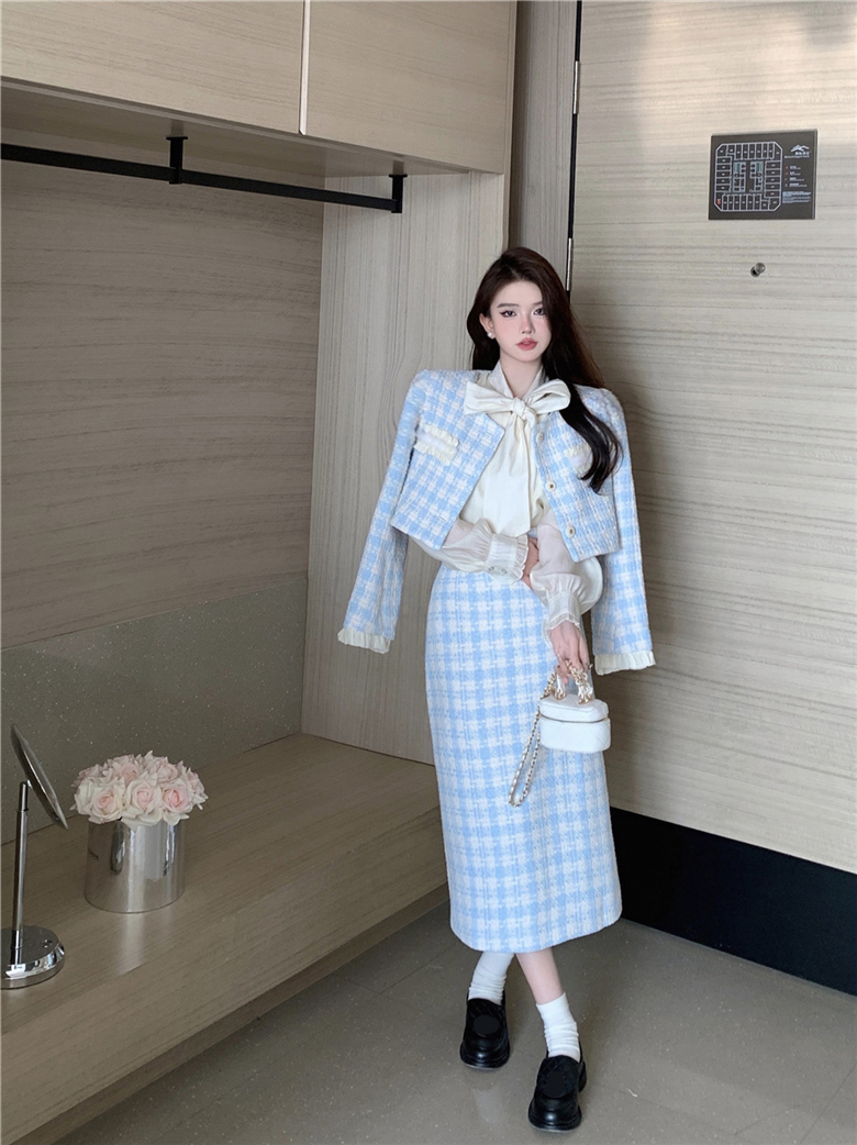 20대 30대 하객룩 블루 체크 크롭 트위드 자켓 롱 스커트 투피스세트 H라인 트위드 가을 겨울 신상 상견례 돌잔치룩 소개팅 데이트룩