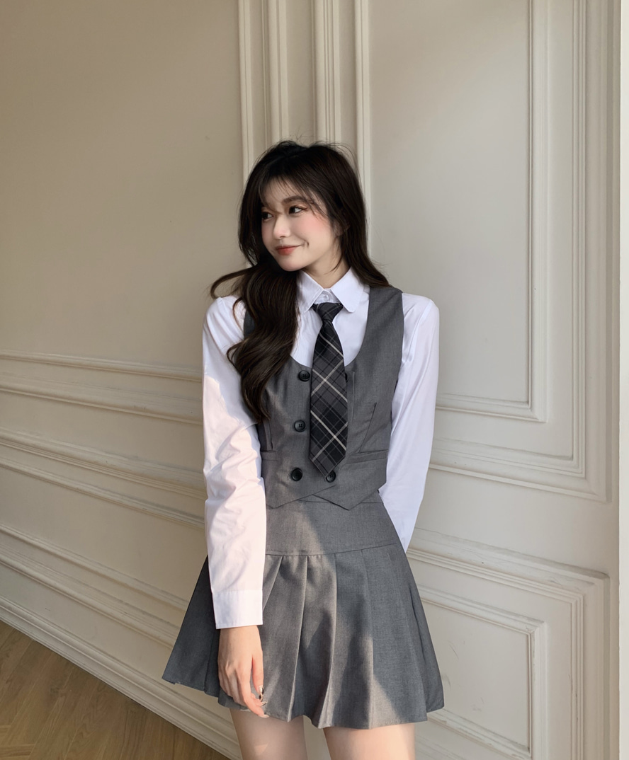 여름 졸업 스쿨룩 프레피룩 라운드카라 화이트 기본 셔츠 시크 체크 패턴 넥타이 더블버튼 V컷 조끼 베스트 언발란스 반 플리츠 주름 미니스커트 코디 세트