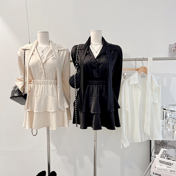 이프유마인 블라우스스커트set페미닌 봄 물결 웨이브 실키 새틴 타이 카라 셔츠 블라우스 밴딩 A라인 플레어 캉캉 미니 스커트 투피스 세트 3color