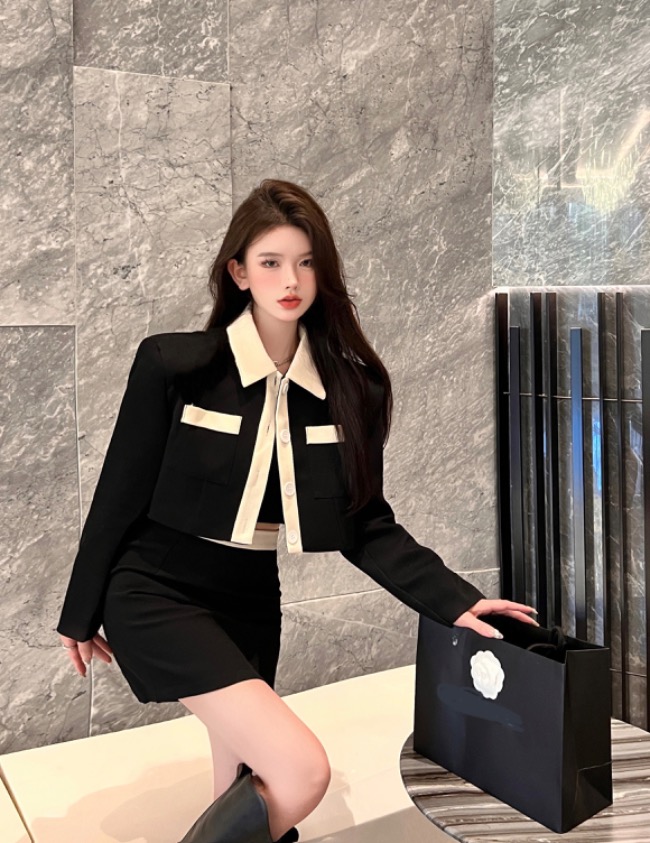 겨울하객룩겨울투피스겨울자켓 배색카라 모직자켓미니스커트 투피스세트 긴팔자켓 H라인스커트 모직치마 크롭자켓 12월 결혼식