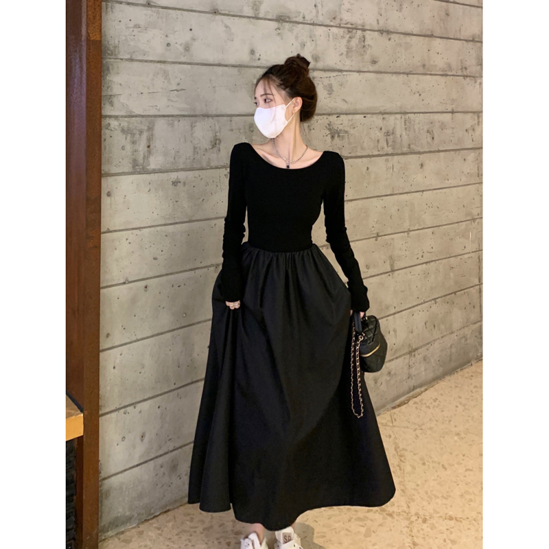 헵번 원피스 블랙 여성 신상 긴팔 가을 U넥 롱스커트 섹시 클럽 스포티 심플 데이트룩 데일리룩 모던 소개팅 큐티 청순