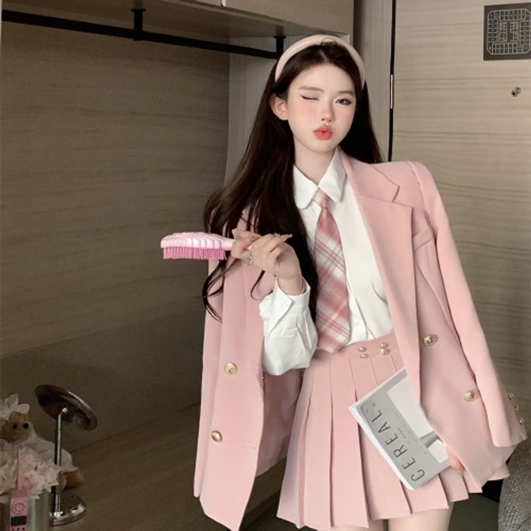 핑크블랙 스쿨룩 교복 정장 오버핏 블레이저 자켓 Jk 넥타이 셔츠 블라우스 미니 스커트 플리츠 주름 치마 Set 세트
