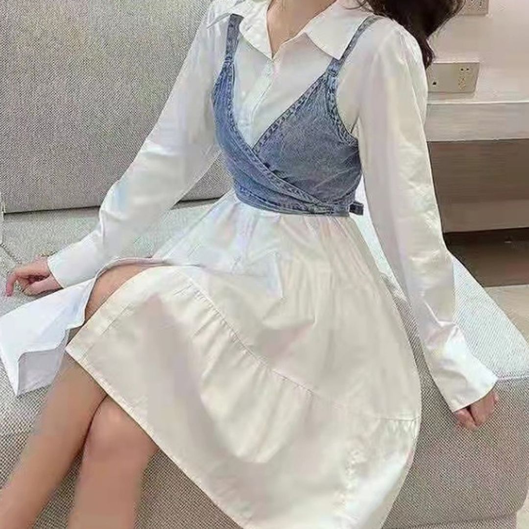 가을겨울 여친룩 데님 뷔스티에 셔츠 원피스