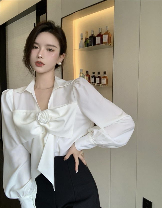 패션 바이 카카오 가을하객룩가을블라우스 동백꽃 리본 새틴블라우스 타이블라우스 쉬폰블라우스 긴팔블라우스 주름 셔링 가을블라우스