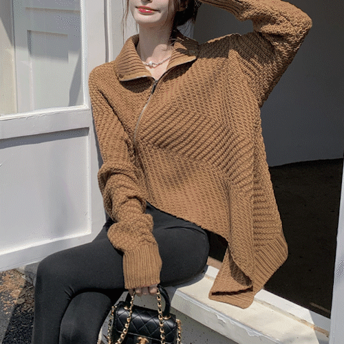예거조아 가을자켓겨울니트 하이넥 브라운 물결 언발 크롭 자켓 사선 롱니트 루즈핏 뜨개 가디건 신상 빅사이즈 터틀넥 지퍼 스웨터 여리핏 유니크 데일리룩 데이트룩 시크룩 코디