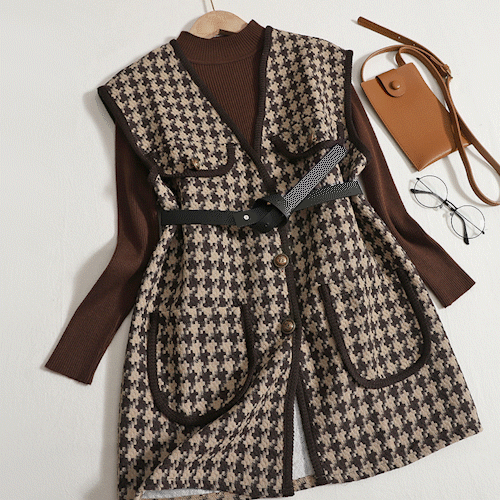 가을신상가을하객룩 반목 골지 긴팔 슬림핏 니트 티셔츠 하운드투스 롱조끼 자켓원피스 허리스트랩 벤트 세트 투피스 가을 겨울 오피스룩 하객룩 데이트룩 노카라 가디건 체크 셋업
