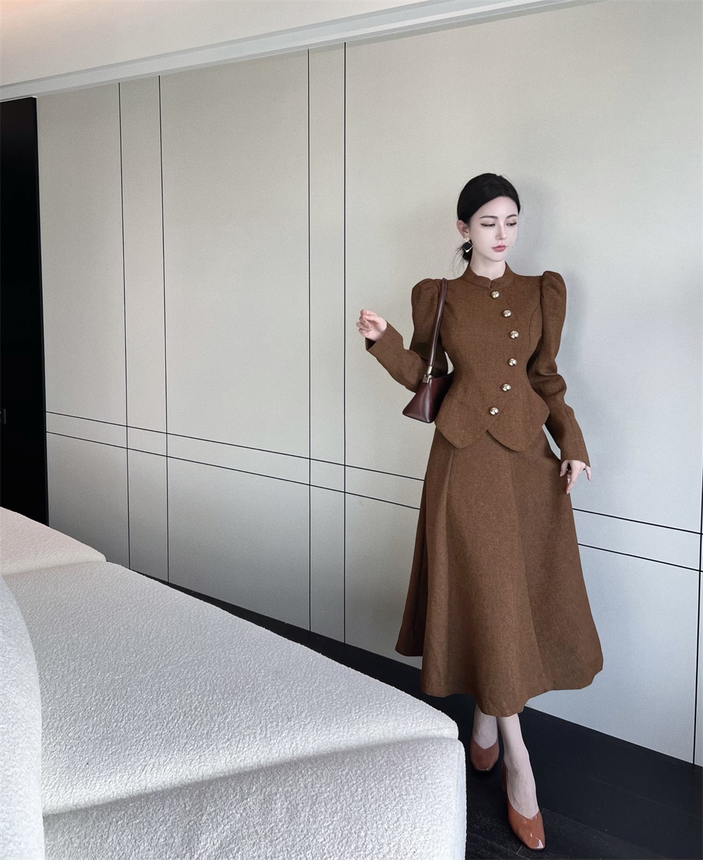 20대 30대 하객룩 봄 오피스 정장 허리슬림 퍼프소매 긴팔 봄자켓 하이웨스트 플레어스커트 롱치마 투피스 세트 하객룩 3월 봄코디 셋업 여성의류 쇼핑몰