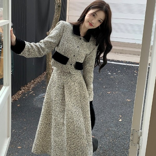 바이미뉴 겨울신상가을하객룩 배색카라 크롭 트위드자켓 숏코트 정장자켓 하이웨스트 핀턱 플레어스커트 롱치마 트위드 겨울 투피스 코디 세트 셋업 하체비만 소개팅룩