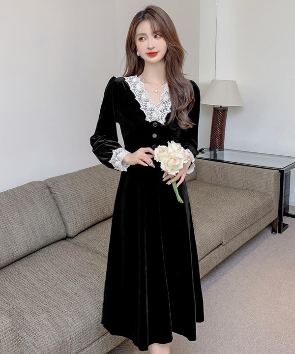 ~2xl 레이스 브이넥 퍼프숄더 앞단추 슬림핏 A라인 블랙 벨벳 미디 원피스 가을 겨울 분위기있는 우아한 차르르 플레어치마 격식원피스 격식룩 결혼식 하객원피스 하객룩