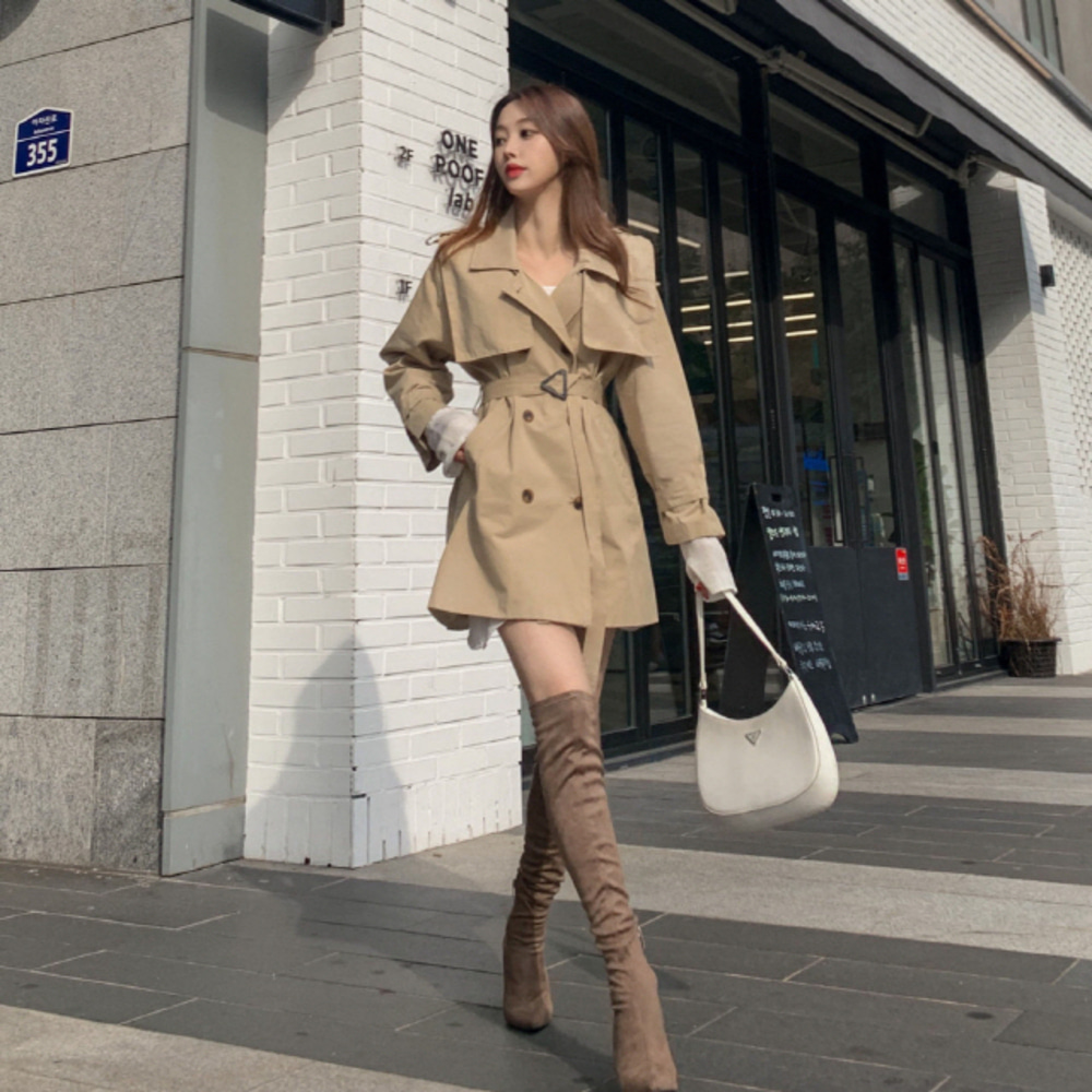 워너비뮤즈 무배🚀 여성스러워💘여리청순 허리잘록 바스락 코튼 키작녀추천 카라 벌룬 퍼프 트라이앵글 벨트 케이프 바바리 더블 트렌치 원피스 숏 트렌치 코트 베이지 블랙 봄 간절기