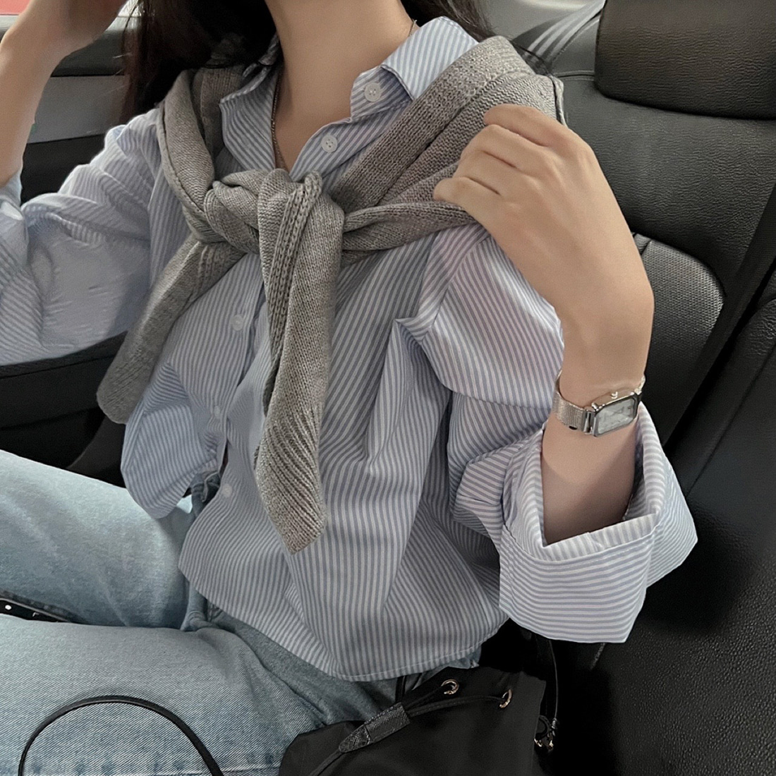 크림치즈마켓 인기코디set셔츠니트숄 봄 가을 올드머니 스트라이프 크롭 셔츠남방 블라우스 크치마 니트숄 상의 투피스