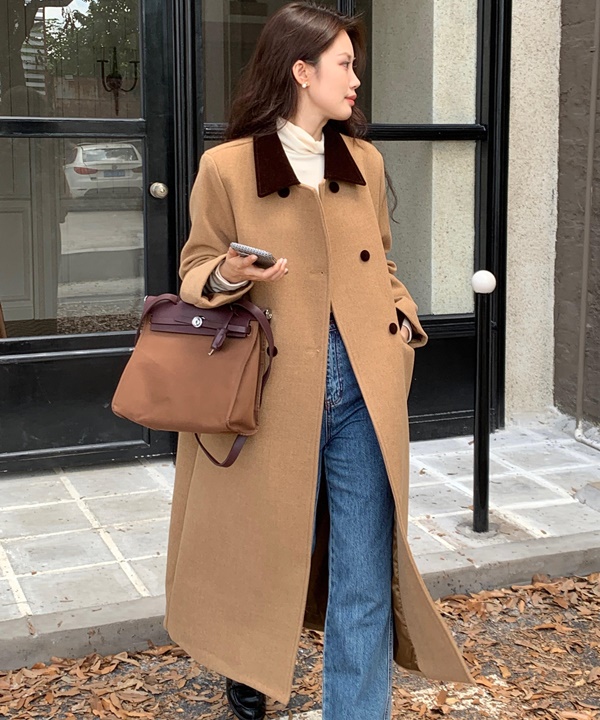 패션 바이 카카오 ★md 추천★ 배색 싱글 카라 더블버튼 일자 모직 롱 코트 단색 여유핏 긴코트 가을 겨울 기본아이템 입기편한 데일리룩 외투 레트로 심플 베이직