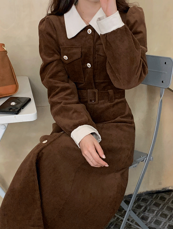 셀더 코듀로이 카라 원피스 가을 간절기 겨울 골덴 롱 배색 하객 플레어 셔츠 A라인 기본 베이직