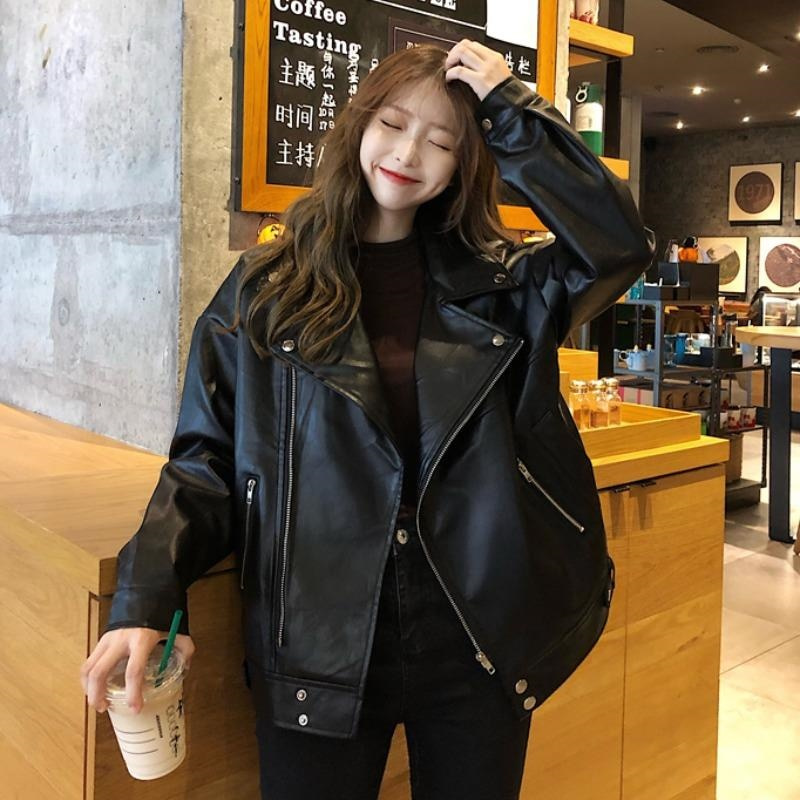 루즈핏 트렌디한 봄 가을 블랙 가죽 집업 자켓 카라 페이크 레더 자켓 오버핏 라이더 바이커 숏 크롭 가죽 점퍼 캐주얼 일자핏