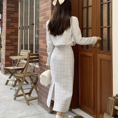 가을신상겨울셋업롱버진 소라 트위드 투피스 정장 레이스 체크 숏자켓 뒷트임 H라인 일자 미디스커트 리본 셔츠 오피스룩 데이트