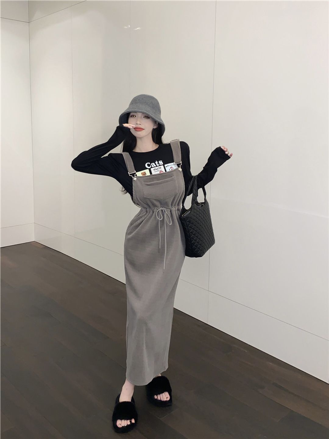 코듀로이 골덴 허리 밴딩 스트링 끈 조임 가슴 포켓 멜빵 롱 스커트 원피스 유니크한 귀여운 레이어드 코디 일상룩 데일리룩