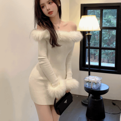 코디드 인기상품 퓨어 화이트 파디컬 일자쇄골 힙 섹시 어깨강조 오프숄더 밍크 퍼 슬림 복슬복슬 골지 스판스키니핏 H라인 날씬 미니스커트 솔리드컬러 원피스 파티룩연말룩섹시룩