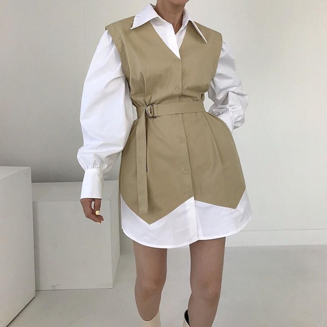 오버핏 정장조끼 레이어드 벨트 셔츠 미니원피스 롱베스트 레이어드 화이트 셔츠 크롭원피스 하객룩 데이트룩 직장인 코디룩