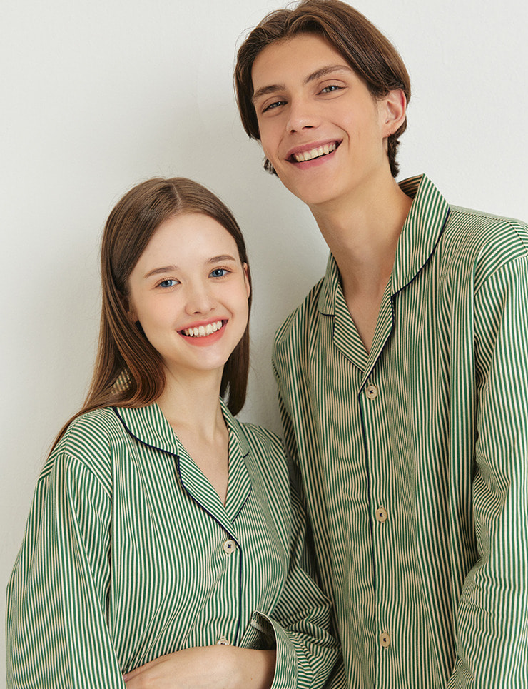 메리투나잇 순면 피치기모 그린 스트라이프 긴팔 커플 여자 여성 남자 남성 신혼 빅사이즈 잠옷 파자마 홈웨어 세트 부모님 잠옷