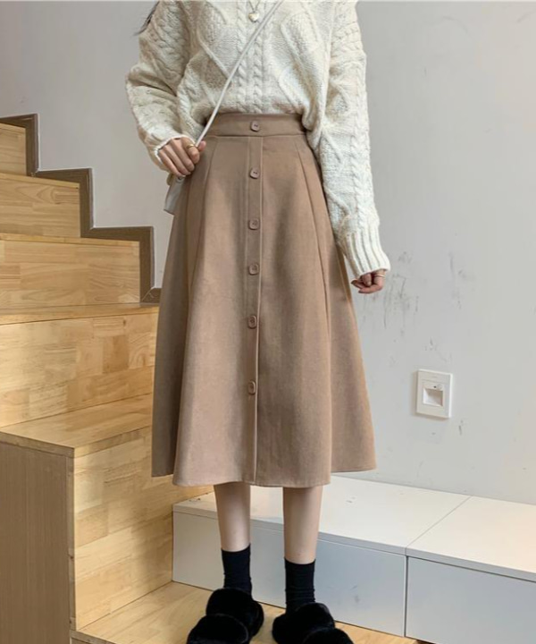 5 Color 허리 뒷밴딩 앞단추 피치기모 단색 A라인 미디 스커트 부드러운 깔끔한 심플 가을 겨울 치마 레트로 복고풍 햅번 입기편한 데일리룩 출근룩 블랙 검정치마