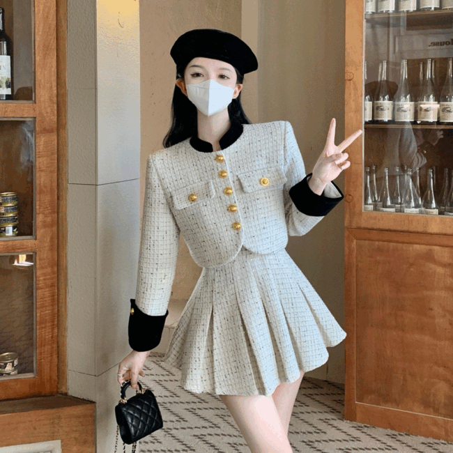 블랙s당일출고 겨울자켓세트가격하객룩 베스트 골드버튼 겨울 트위드자켓미니스커트세트 투피스세트 긴팔자켓 트위드스커트 트위드세트 숏자켓 플리츠스커트 플레어스커트 데이트룩 연말룩