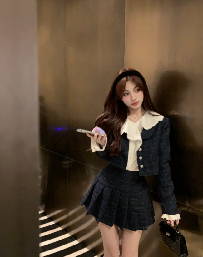 겨울자켓세트가격하객룩 다크블루 겨울 트위드자켓미니스커트세트 투피스세트 긴팔자켓 트위드스커트 트위드세트 숏자켓 플리츠