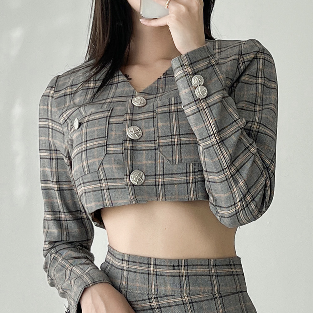 트텐베 브이넥 긴팔 크롭 체크 자켓 Ag1718
