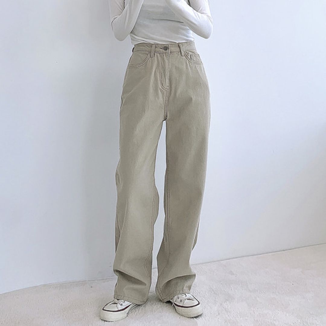 피치기모부드러운원단 페토 하이웨스트 스티치 일자 와이드 코튼 팬츠