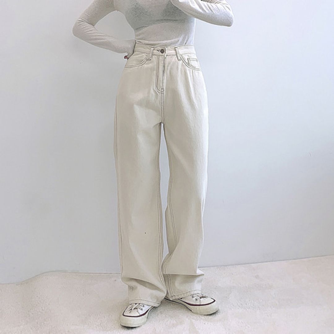 피치기모부드러운원단 페토 하이웨스트 스티치 일자 와이드 코튼 팬츠