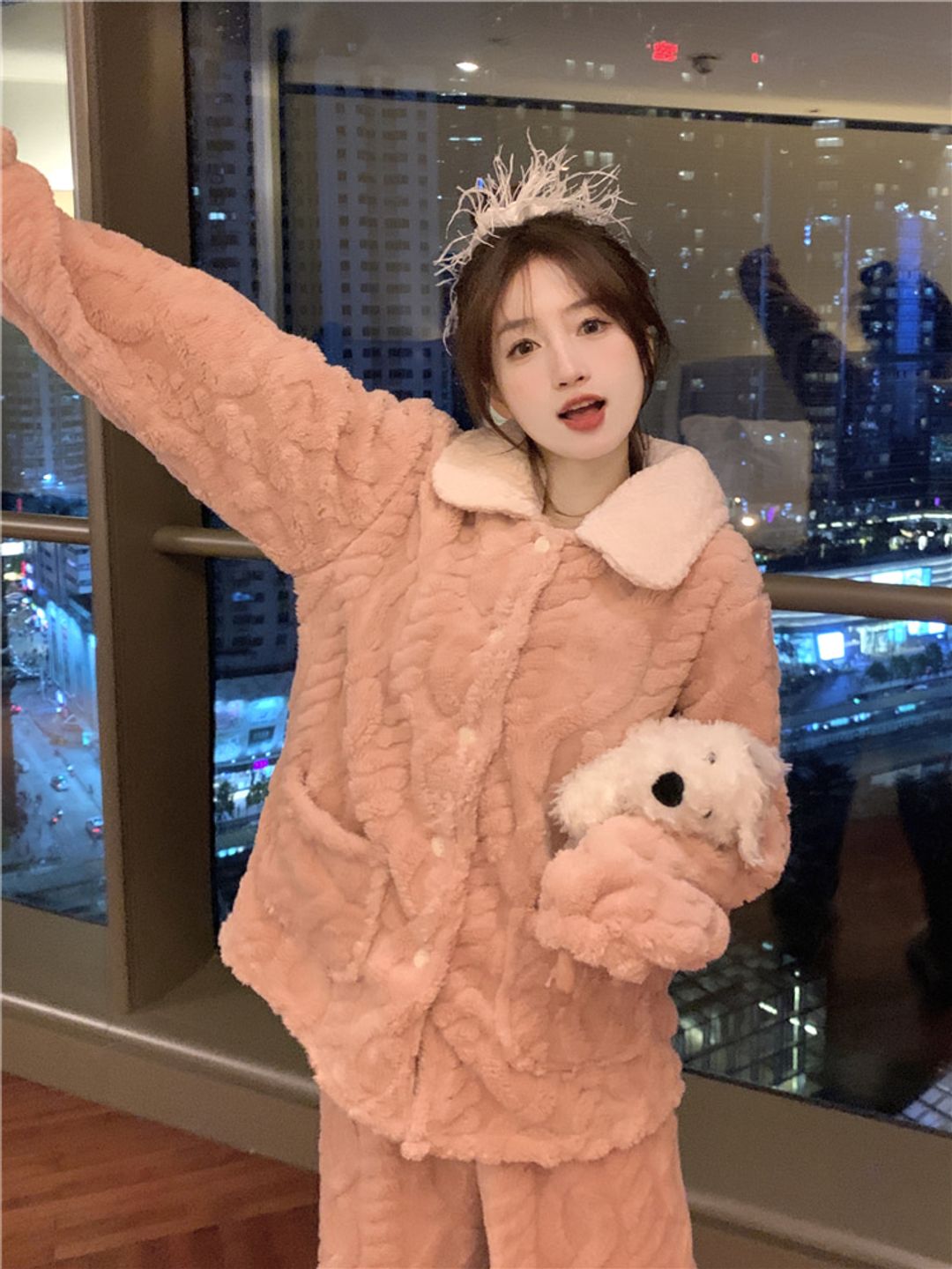 도톰 꽈배기 윈터 파자마 후리스 플리스 양털 잠옷 홈 웨어 꾸안꾸 카라 단추 여밈 세트 투피스 귀여운 오버 박시 박스 핏