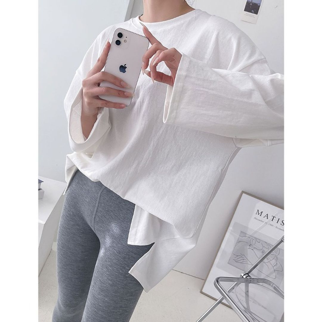 하의실종룩 박스 롱 긴팔 티셔츠 면 박시 이너 이지 옆트임티 슬릿 힙커버 루즈핏 오버핏 빅사이즈 원피스티 레깅스코디 레이어드