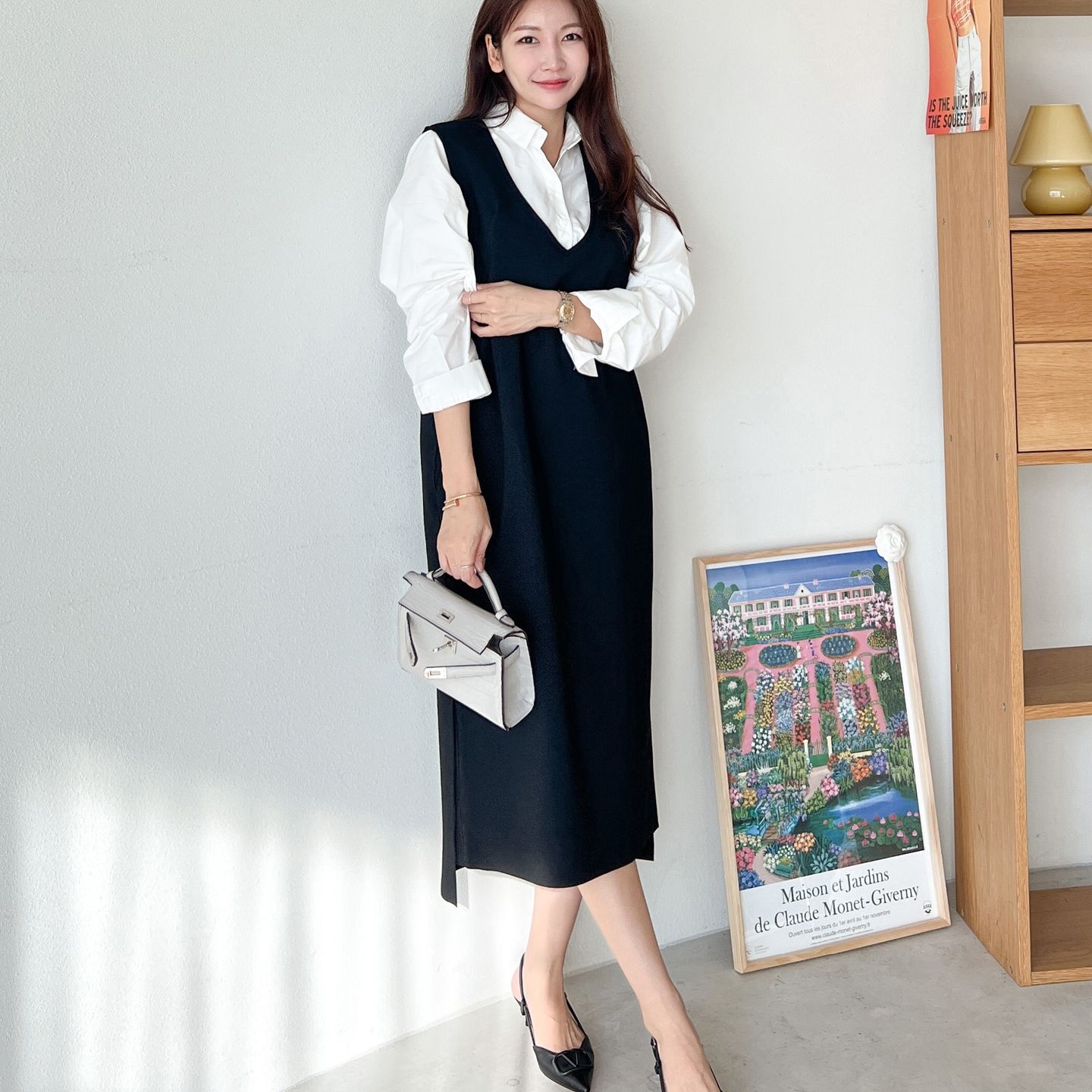 사이드 핀턱 브이라인 민소매 롱 원피스