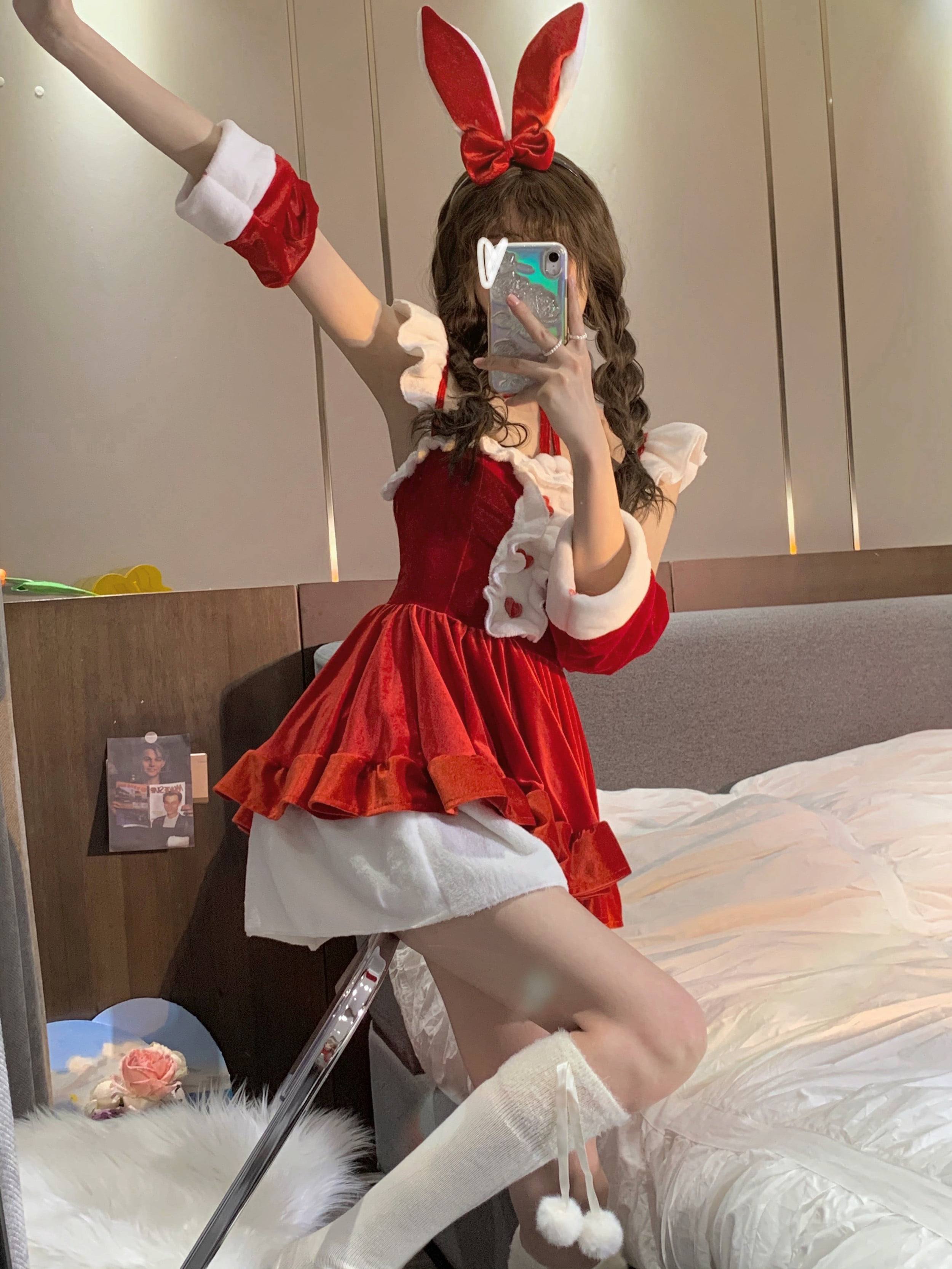 [바니 산타 걸 원피스 세트 ] 원피스 머리띠 워머 넥 카라 Set 크리스마스 성탄절 이벤트 파티 연말 할로윈 룩 나시 레이스