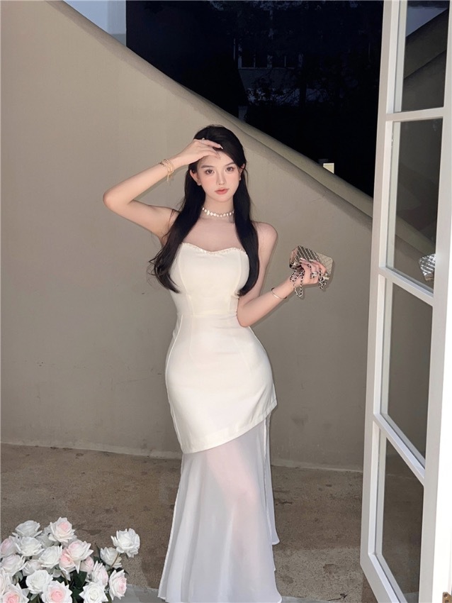 셀프웨딩브라이덜샤워 화이트 탱크 탑 미니원피스 오프숄더 웨딩드레스 쉬폰 롱원피스 시스루 레이어드 플레어 치마 허리슬림