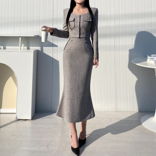 에이홉 베린 자켓 스커트 셋업 하객룩 트위드 패드 머메이드 롱 트임 크롭 숏 포켓 결혼식 세트 투피스