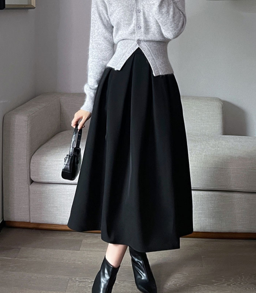 다바나 가을겨울 햅번 롱 플레어 스커트 풍성한 핀턱스커트 자연스러운 셔링 굵은 맞 주름치마 드레이프 하이웨이스트 에이라인치마 벨라인 롱 치마 여성 정장치마 루즈 핏