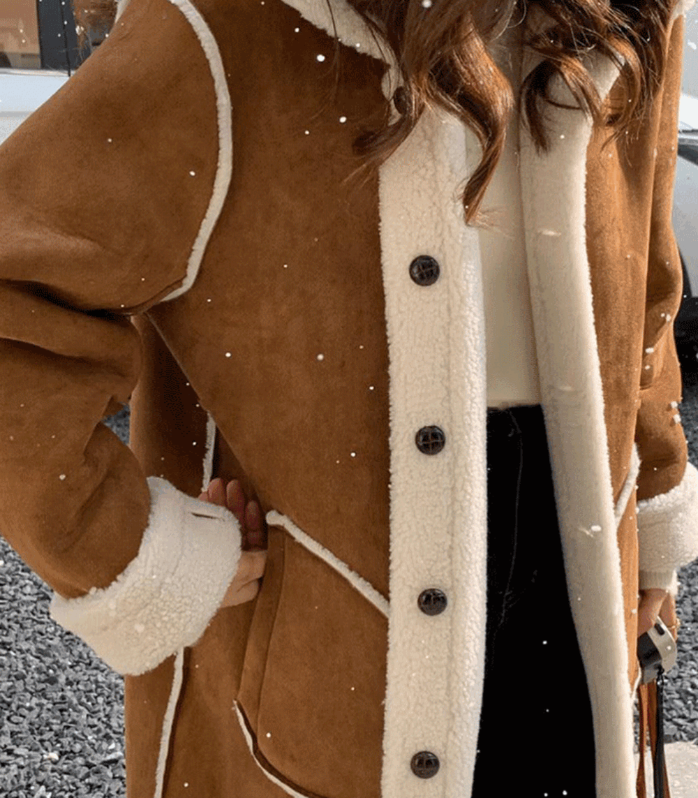 다바나 양면 착용 롱 밍크 무스탕 Free 리버서블 와이드 루즈 핏 뽀글이 슈트 자켓 아우터 포켓 V넥 플랫 카라 여성용 겨울 양털 갈색 코트 밍크코트 겨울아우터