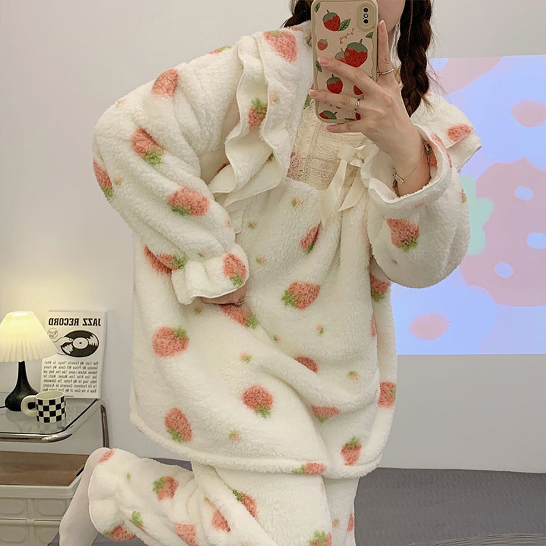 딸기 리본 프릴 극세사 수면 투피스 잠옷 세트 공주 겨울 부들이 우정 커플 파자마 파티