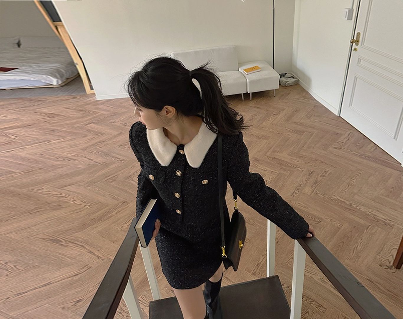 무료배송 누빔안감 버블리안 트위드 투피스 퍼 크롭 자켓