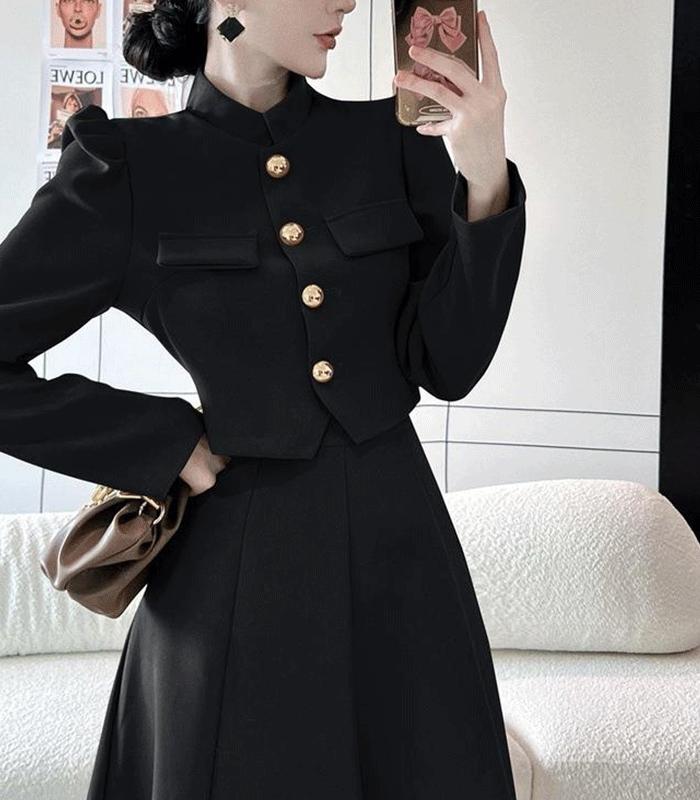 하이웨스트 핀턱 투피스 정장 세트블랙 퍼프 소매 주름 셔링 아우터 여성용 가을 겨울 싱글 브레스트 라운드넥 골드 버튼 포인트 스탠드 카라 짮은 숏 크롭 긴팔 자켓 하이