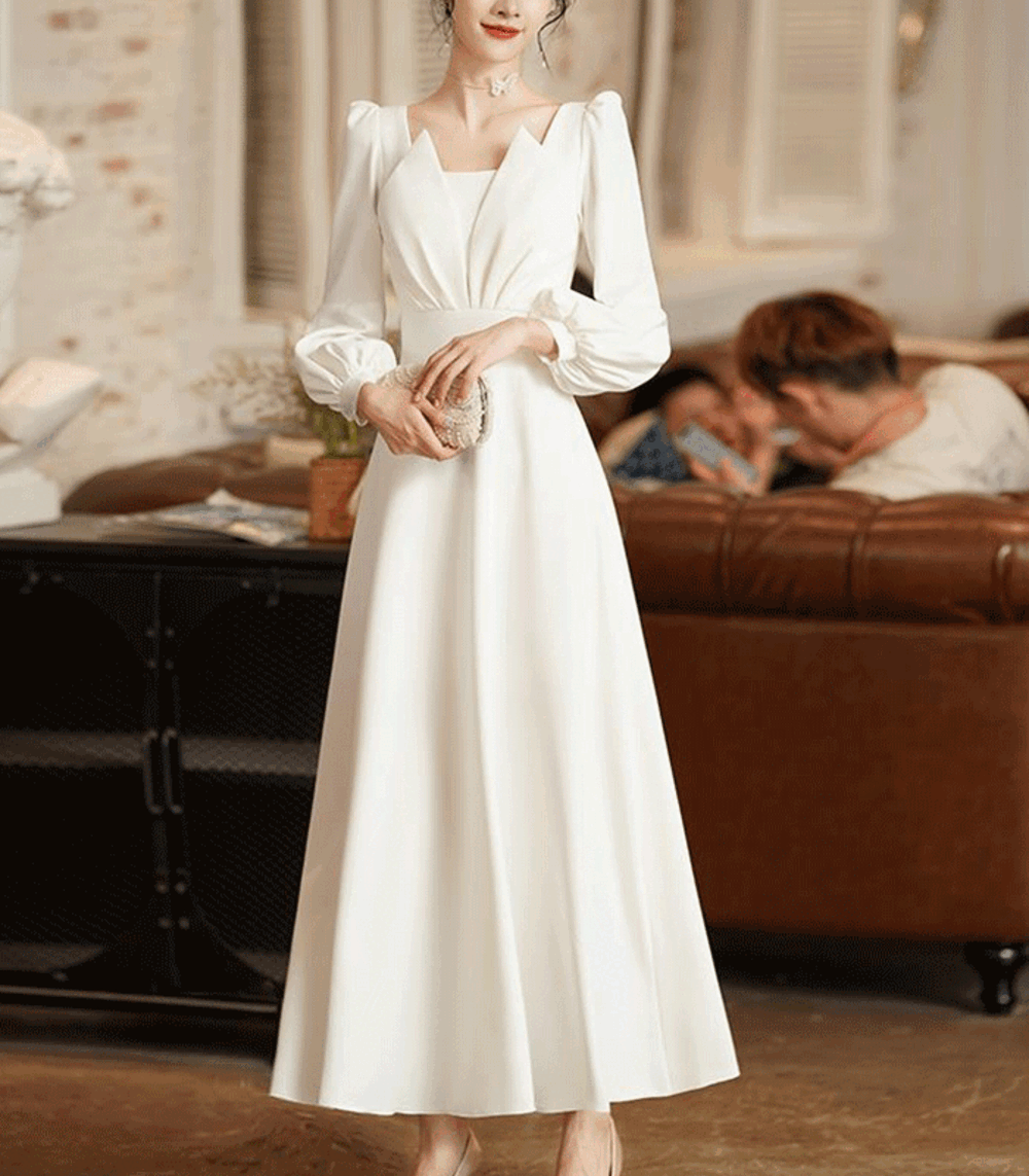 다바나 스몰웨딩 브라이덜샤워이브닝 드레스 화이트 프렌치 카라 퍼프 벌룬 비숍 소매 스퀘어넥 A라인 슬림핏 플레어 롱 스커트 흰색 원피스 웨딩 드레스 셀프웨딩 스튜디오