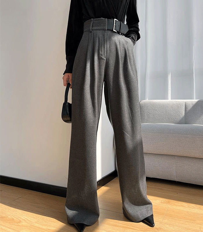 모직 세미 정장 스트레이트 핀턱 팬츠 와이드 레그 루즈 핏 기본 일자 통넓은 롱 슬랙스 가을 겨울 도톰한 회색 바지 허리 벨트 장식 그레이 컬러 하이 웨이스트 데이트룩