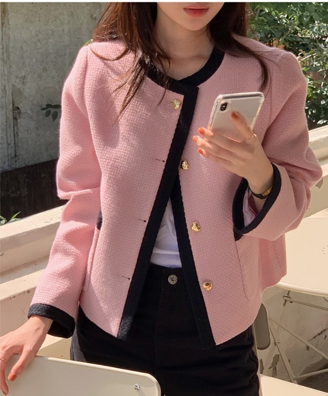 패션 바이 카카오 봄신상 겨울 트위드자켓 핑크 배색 하트버튼 긴팔 정장 재킷 트위드가디건 트위드재킷 하프코트 겨울코트 데이트룩 하객룩 반코트