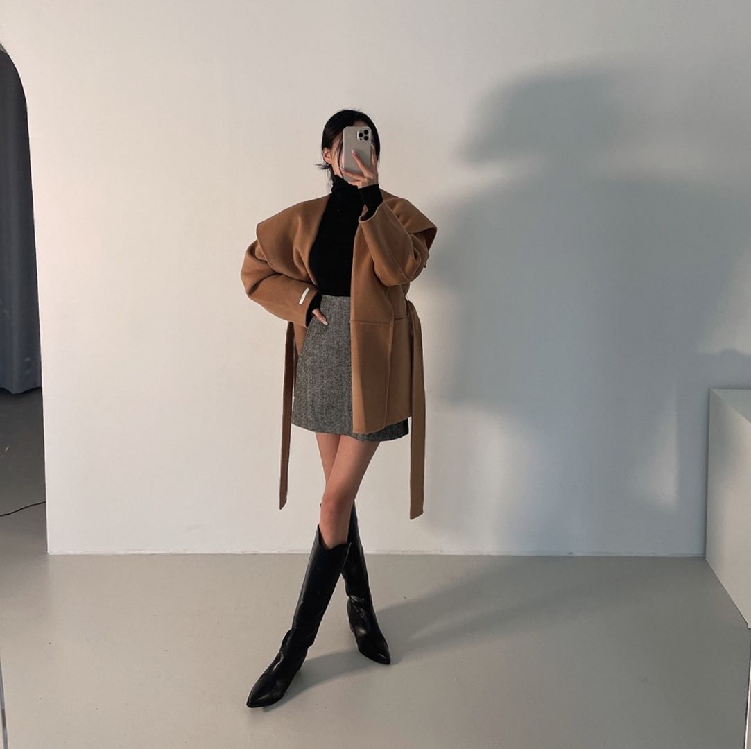 숄카라 벨트 핸드메이드 반코트