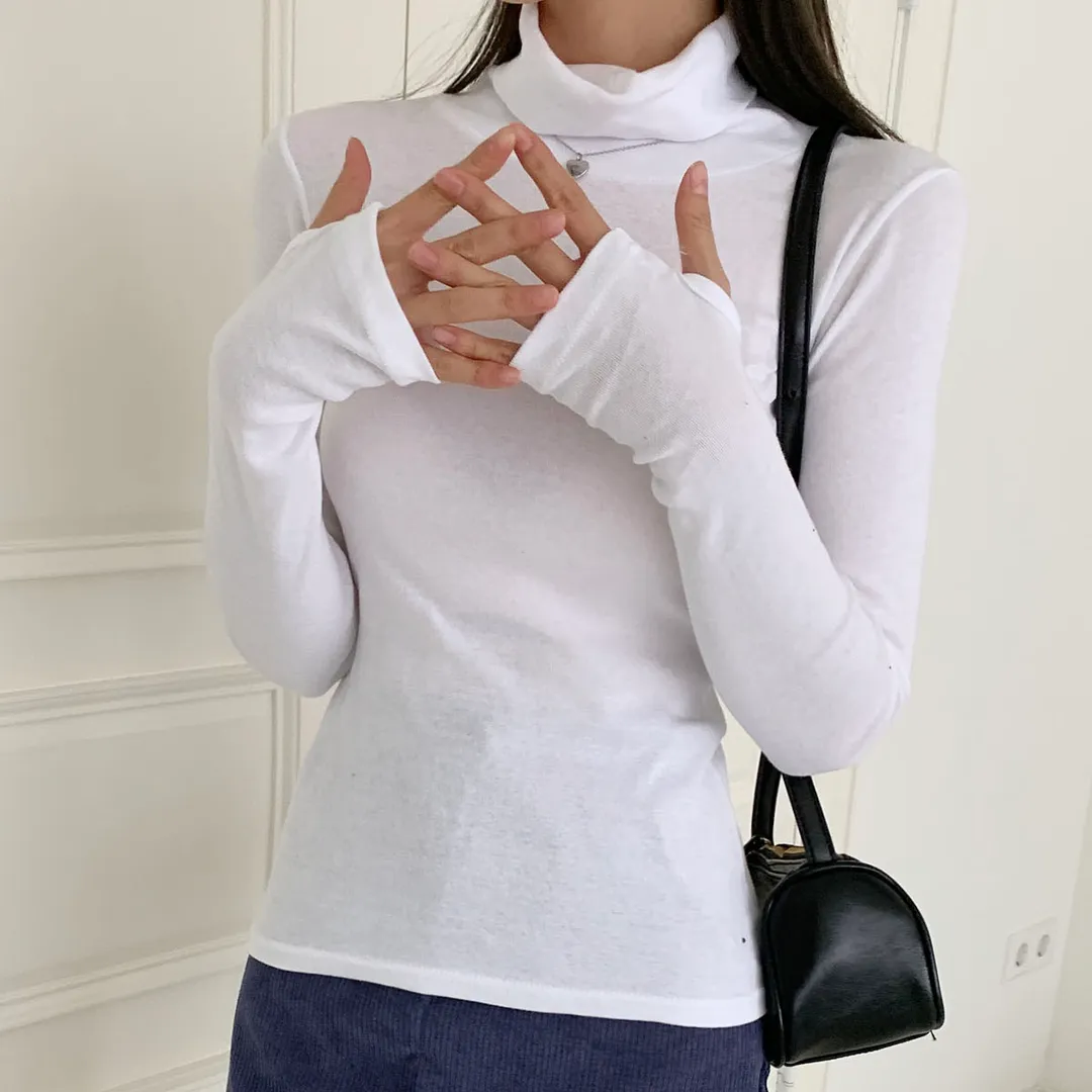 패션 바이 카카오 5color 얇은 폴라티 무지 목티 핸드 워머 터틀넥 티셔츠