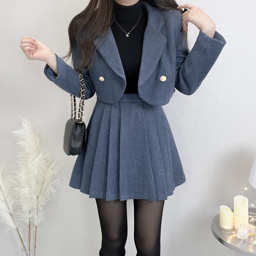 조이어블 울10셋업set누빔안감 플레어 A라인 플리츠 스커트 카라 금장 원버튼 라운드 숏 자켓 모직 울 원피스 셋업 세트