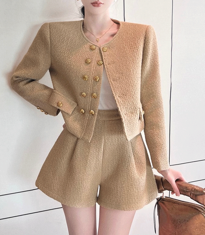 트위드 자켓 와이드 레그 반바지 정장 세트 겨울반바지 겨울바지 겨울자켓 장장바지 정장반바지 금속 더블 버클 라운드넥 노카라 크롭 가디건 아우터 상의 긴팔 재킷 셋업