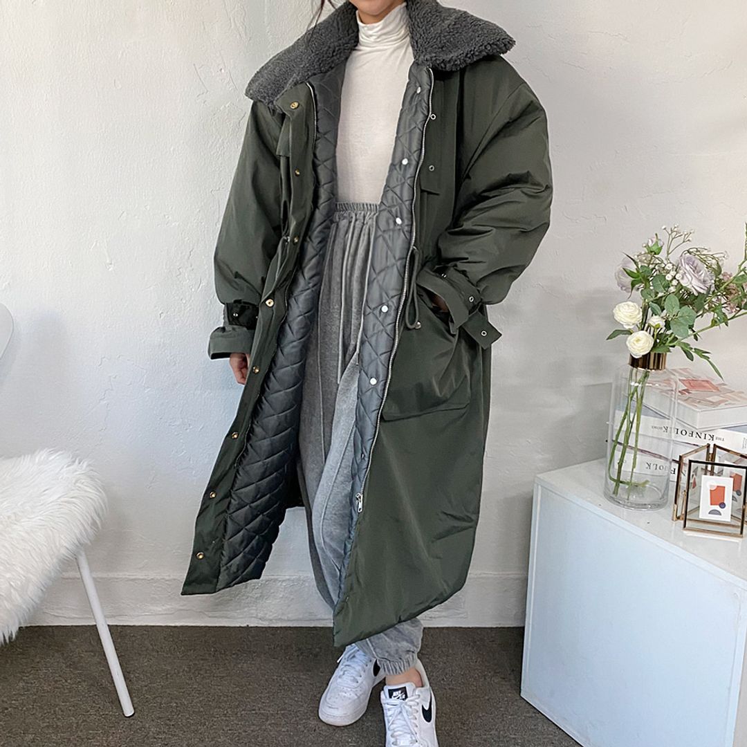 양털 하이넥 스트링 누빔 롱 야상 패딩 점퍼