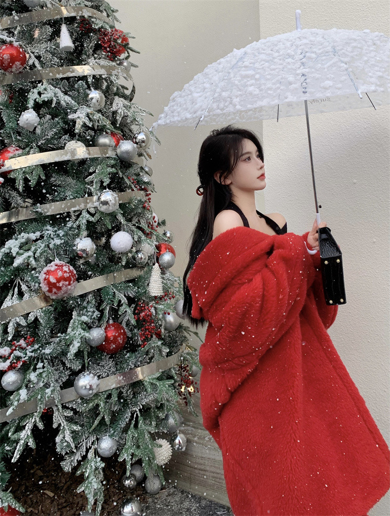 크리스마스 앙고라 롱코트 퍼자켓 겨울 롱코트 루즈핏 퍼코트 롱자켓 러블리 도톰 싱글버튼 겨울코트 롱 겨울재킷 하객룩 데이트룩