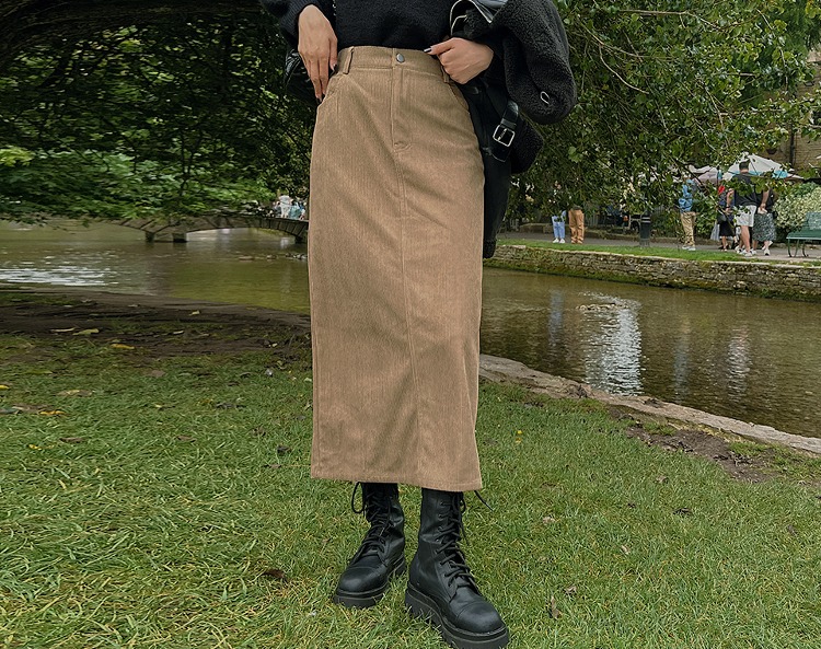 2천장 돌파 스코닌 코듀로이 뒷밴딩 트임 롱 스커트 가을 신상 데일리 하객룩 미니멀룩 러블리 골덴스커트 골덴 골덴치마 코듀로이스커트 롱스커트 밴딩스커트 H라인 군살
